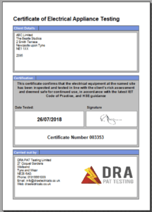 PAT testing Certificate